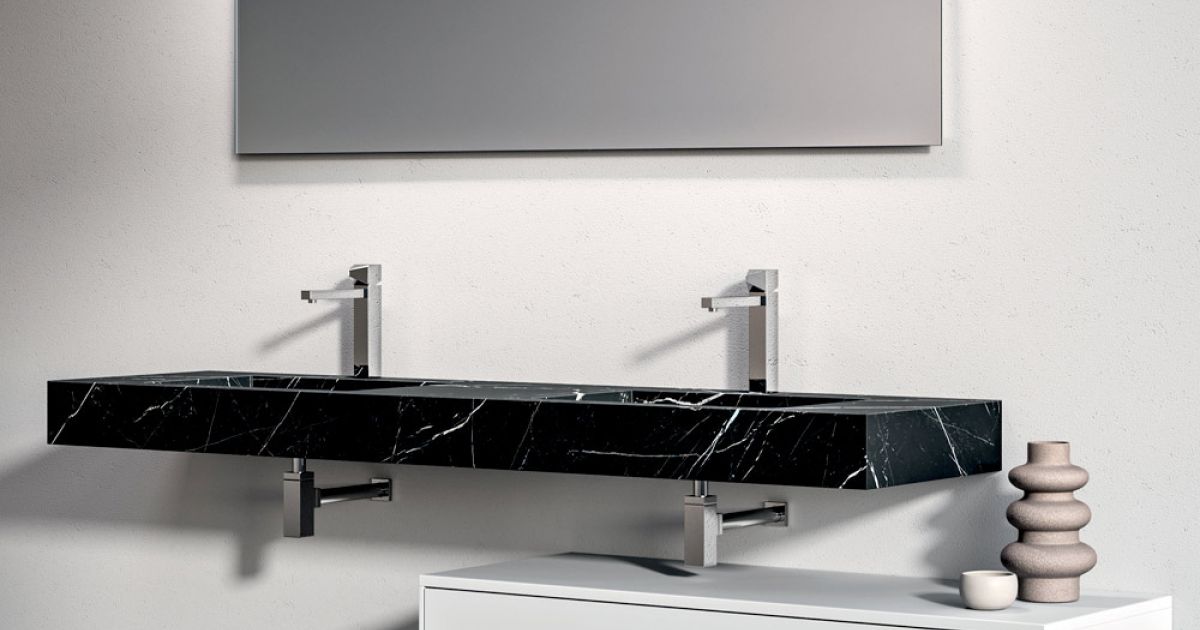Bathroom Composition with 1 White Drawer, Mirror and Marquina HPL Shelf