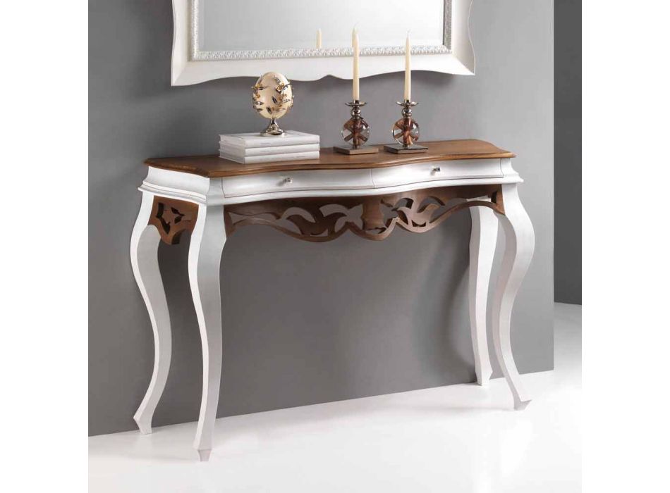Classic style wooden console, antique white finish and Creti walnut