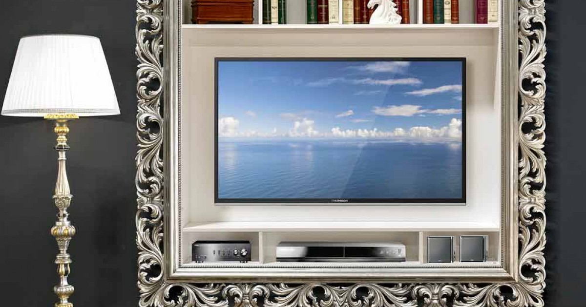 Handmade TV wall frame made of wood, produced in Italy, Mario