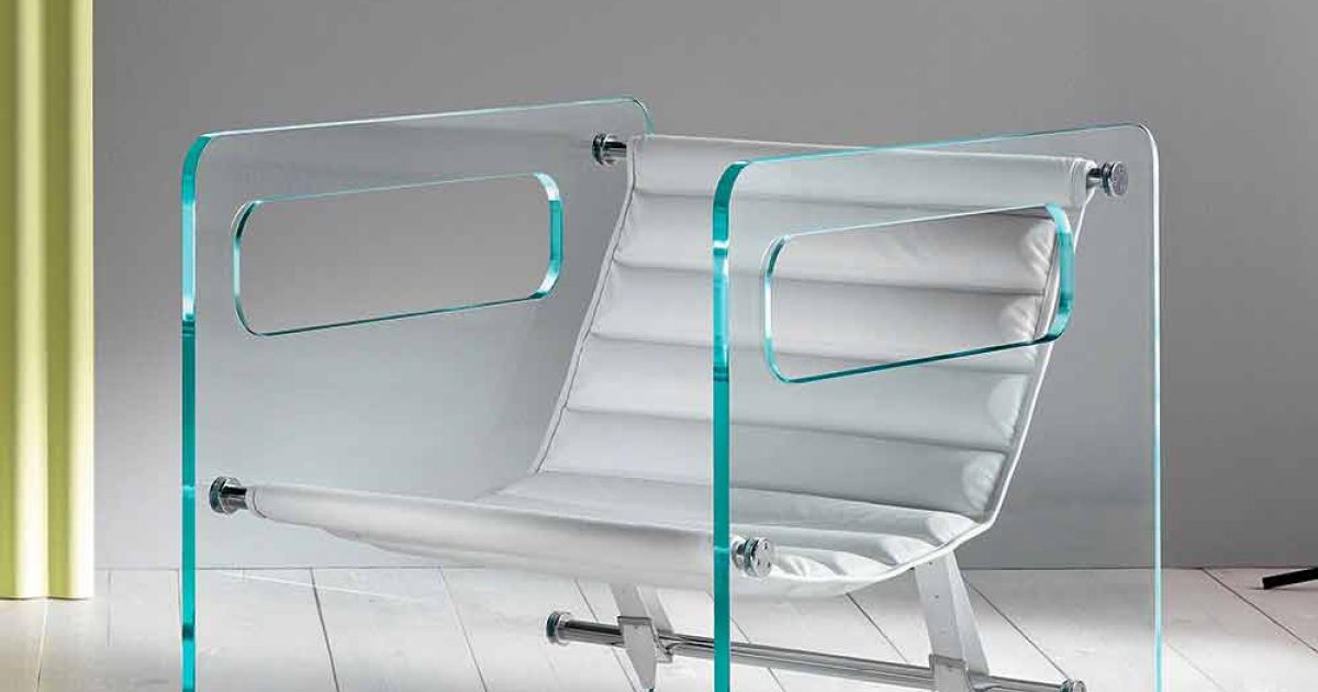 Lounge Armchair in Tempered Glass and Seat in White Leather