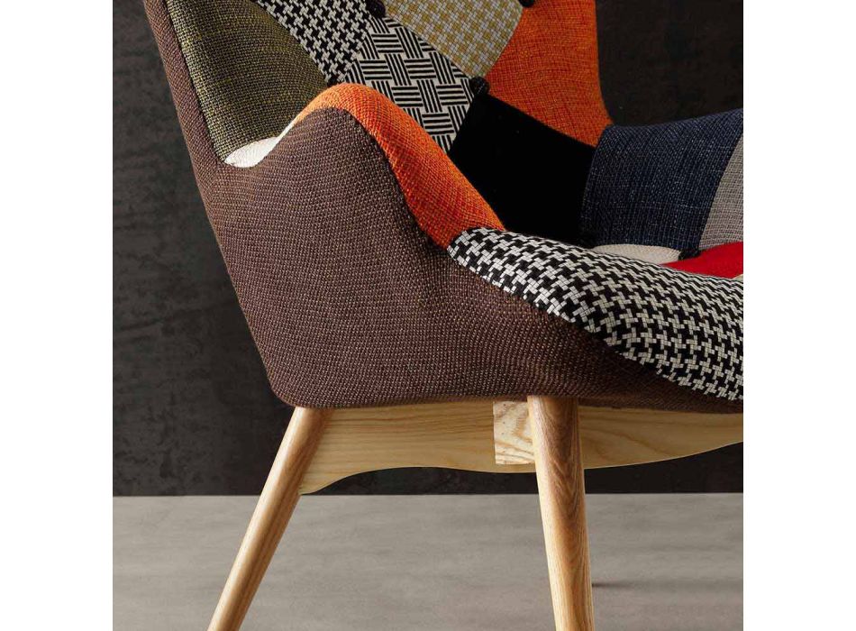 Modern multi coloured patchwork armchairs Veronica, solid wood legs