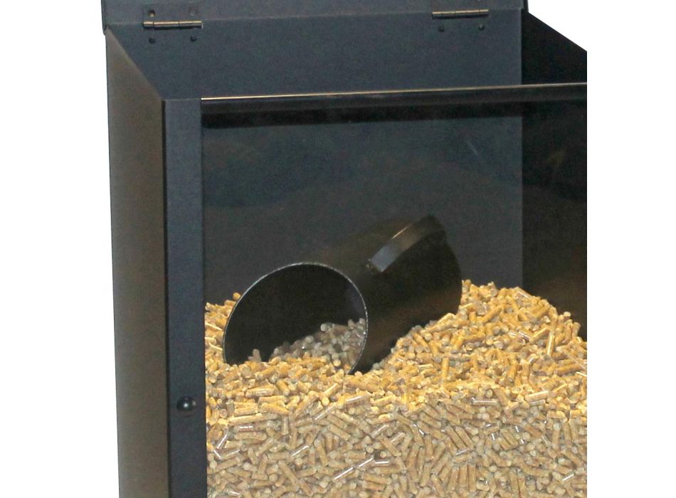 Pellet holder in black painted steel with plexiglass