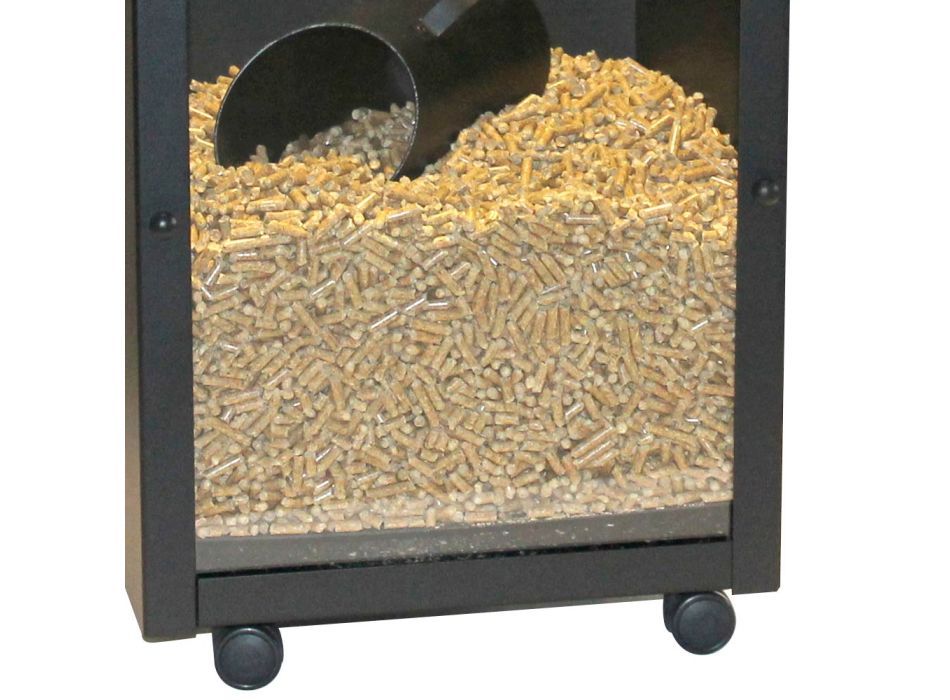 Pellet holder in black painted steel with plexiglass