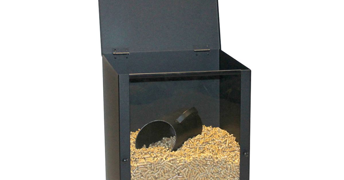 Pellet holder in black painted steel with plexiglass