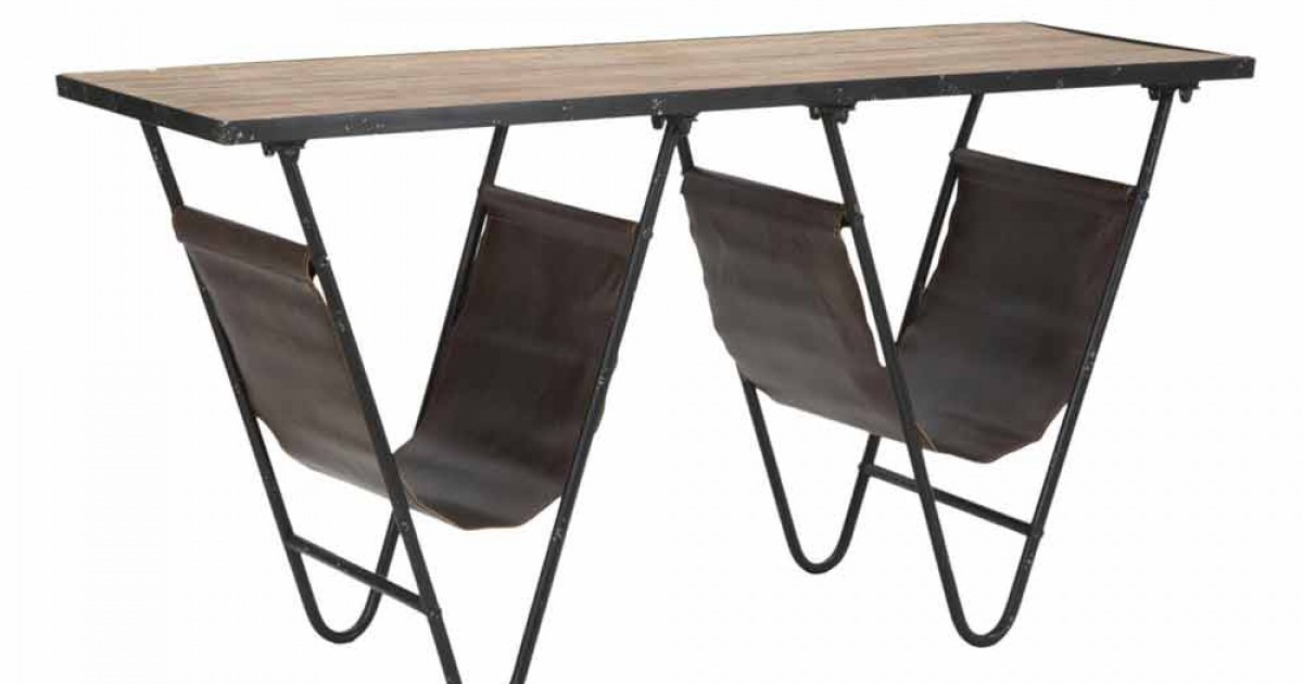 Modern newspaper stand table in iron, wood and eco-leather