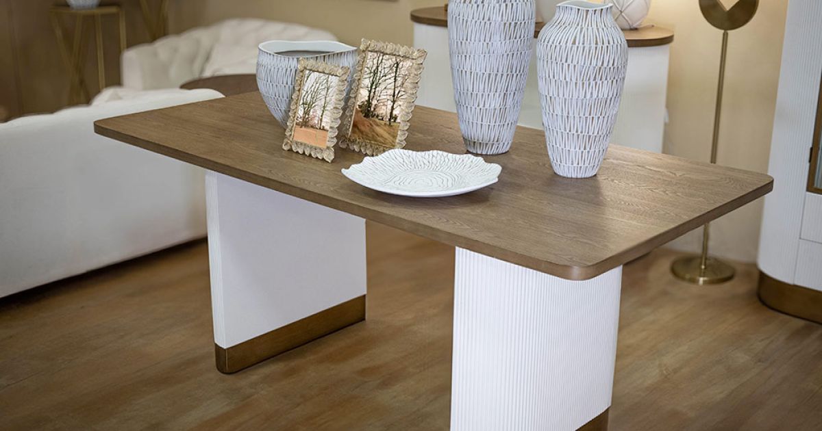 Rectangular Wooden Table Decorated with Relief Lines