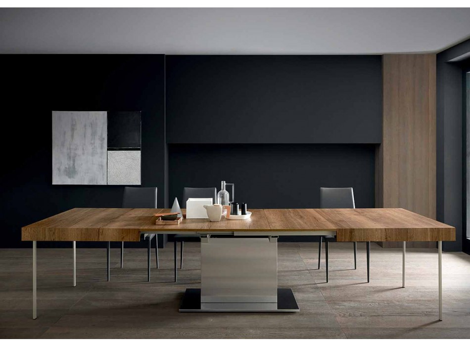 Extendable Design Table in Wood and Stainless Steel Made in Italy