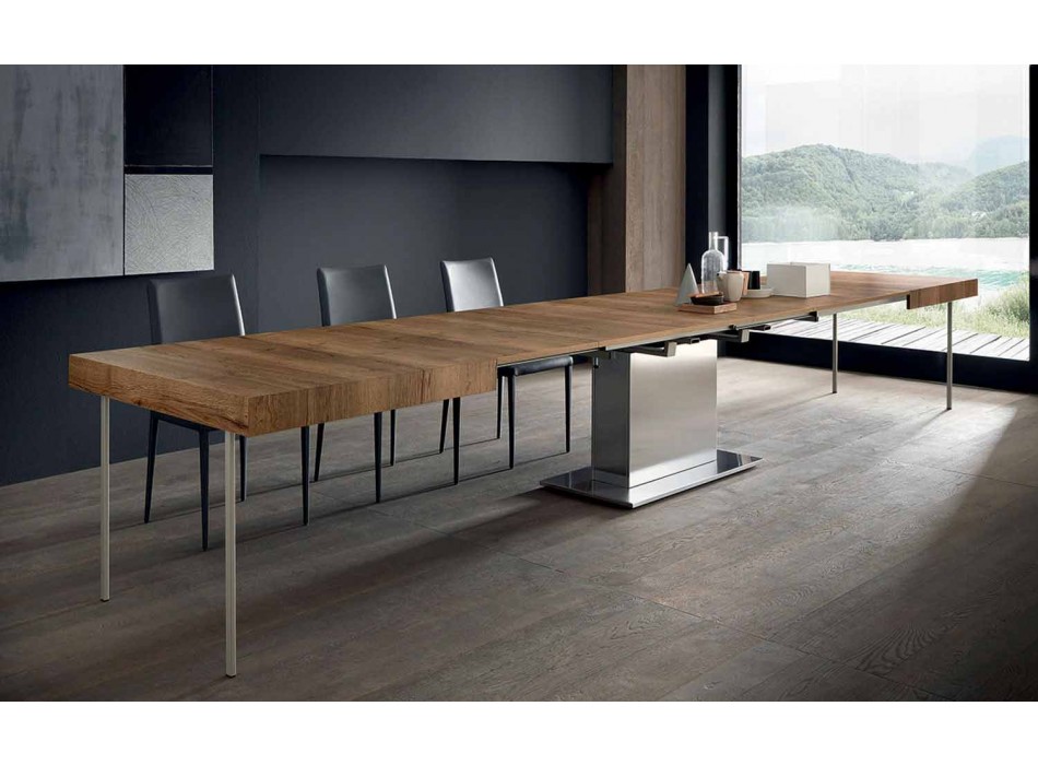 Extendable Design Table in Wood and Stainless Steel Made in Italy